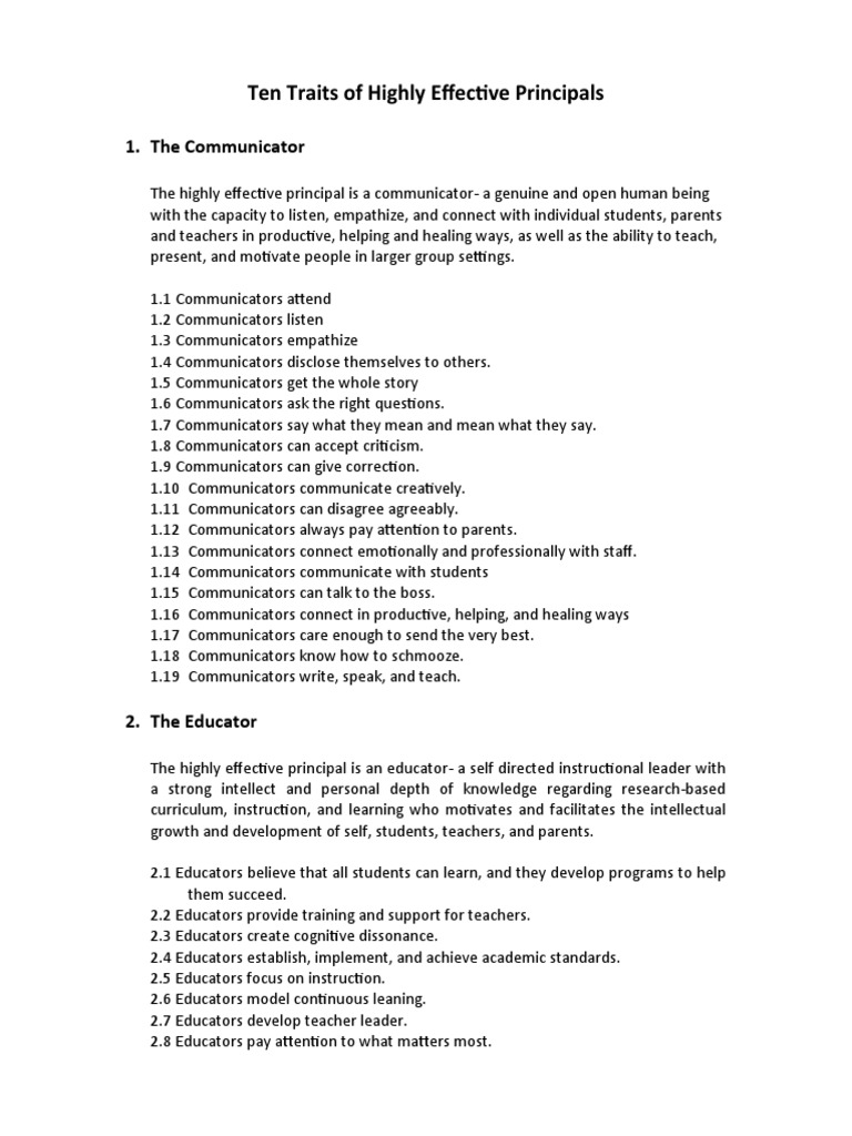 Ten Traits of Highly Effective Principals. | PDF | Facilitator | Teachers