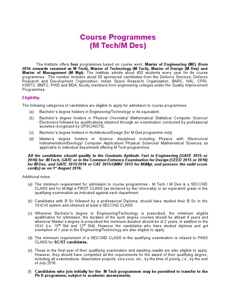 Course Programmes (M Tech/M Des) : Eligibility | PDF | Signal ...