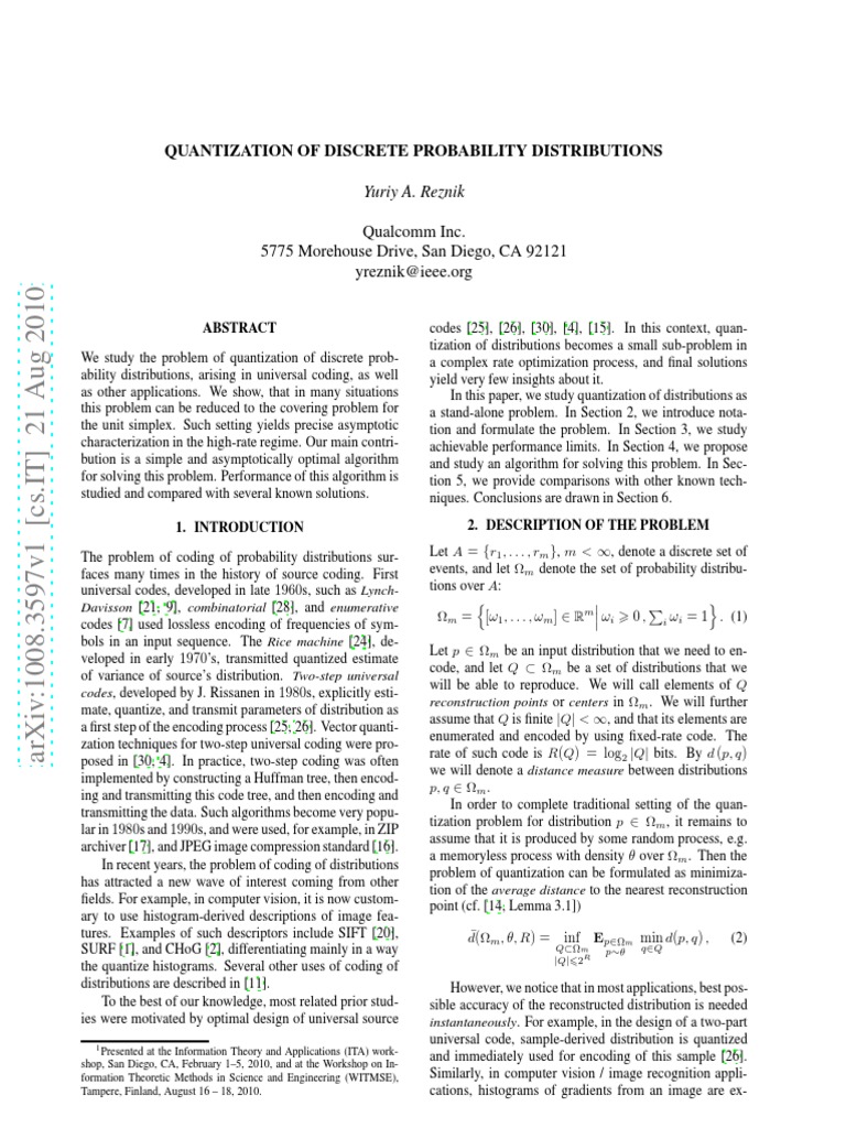 Quantization of Discrete Probability Distributions: Qualcomm Inc. 5775 Morehouse Drive, San ...