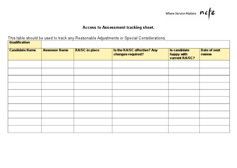 Access To Assessment Tracking Sheet | PDF
