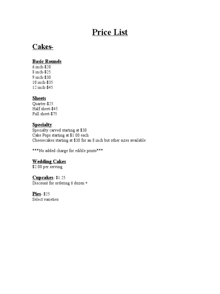 Bakery Price List for Cakes & Desserts | PDF