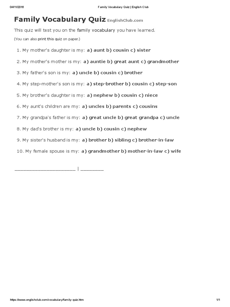 Family Vocabulary Quiz for English Club | PDF | Sports & Recreation ...
