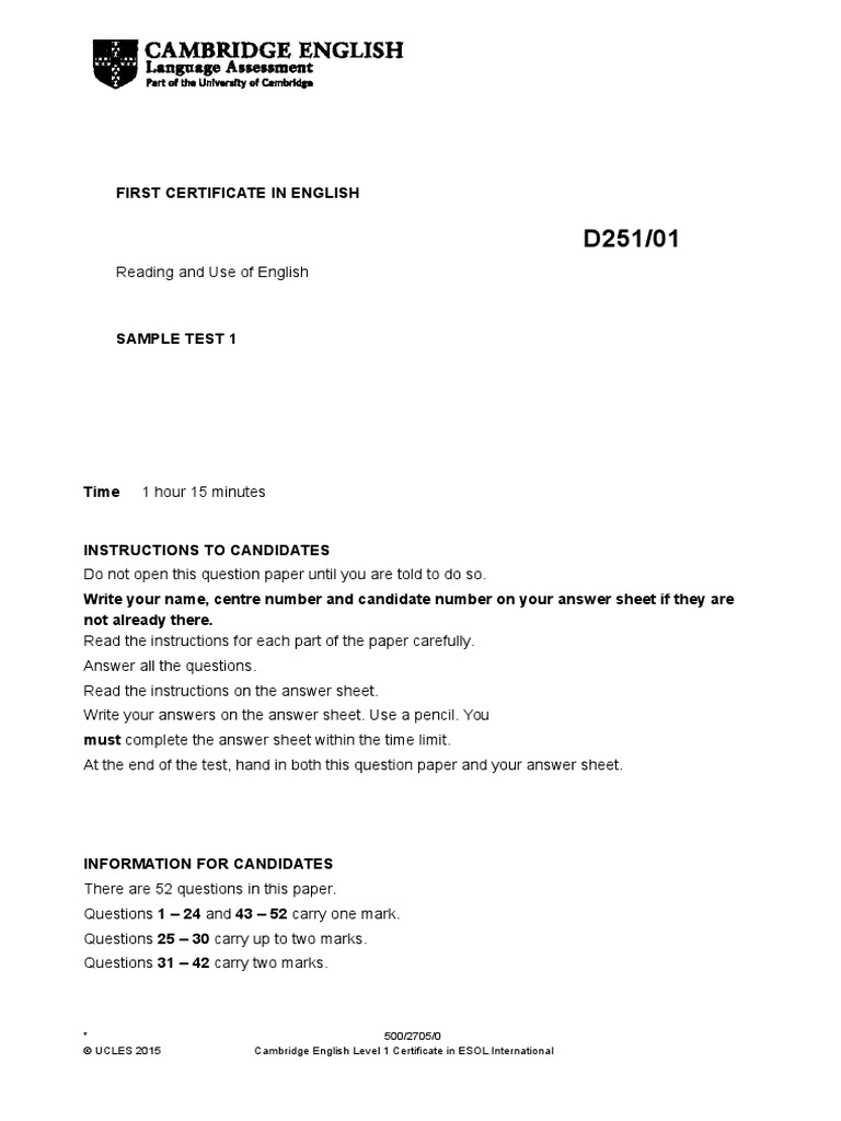 Cambridge English First 2015 Sample Paper 1 Reading and Use of English ...