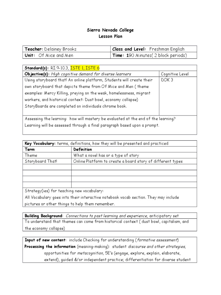 Of Mice and Men Storyboard Lesson Plan | PDF | Lesson Plan ...