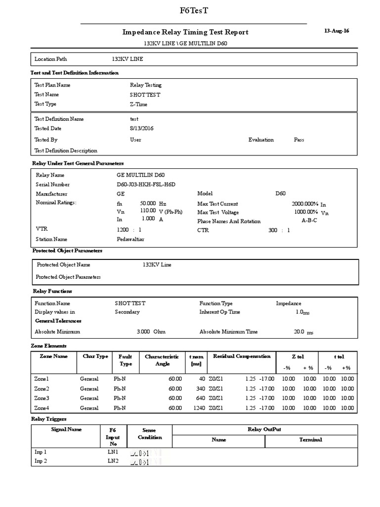 Comprehensive Impedance Relay Timing Test Report for a 132kV ...