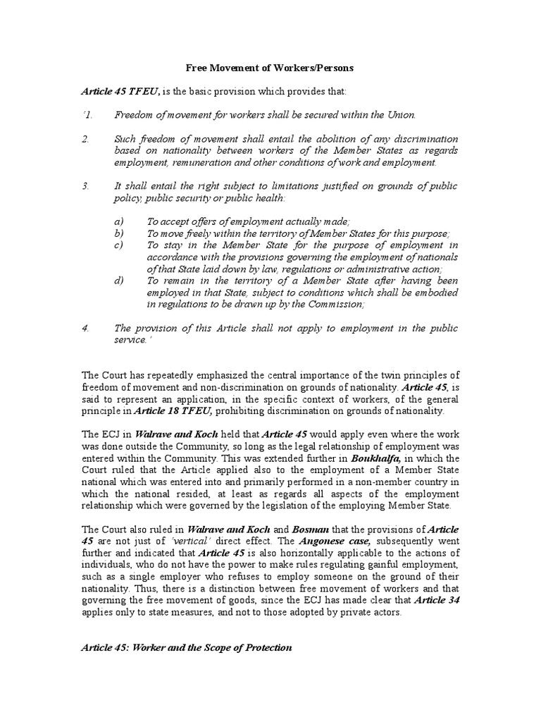 Chapter 4 - Free Movement of Workers | PDF | Travel Visa | Member State ...