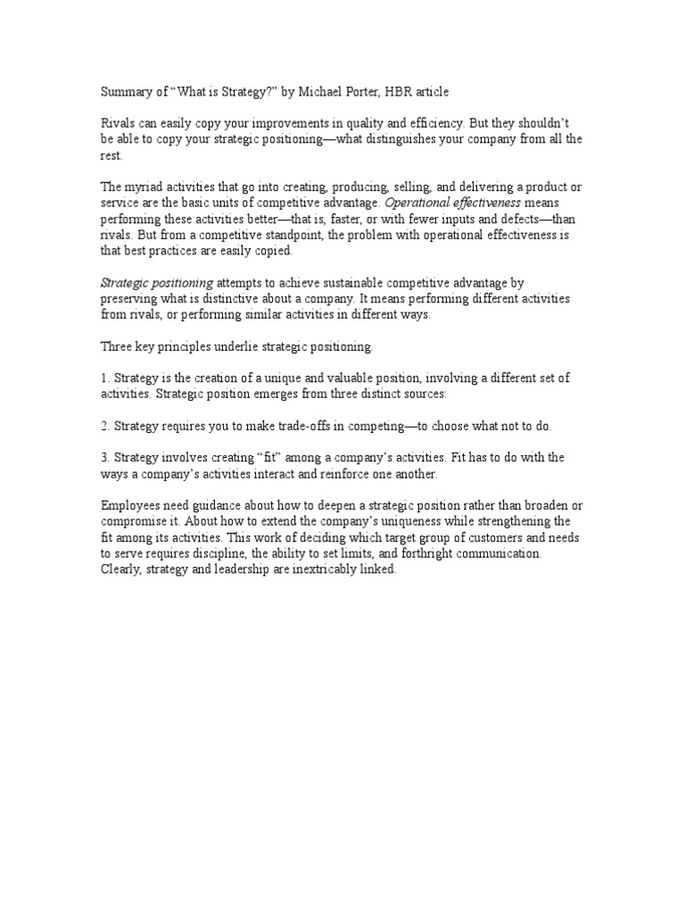 Summary of What Is Strategy HBR Article | PDF