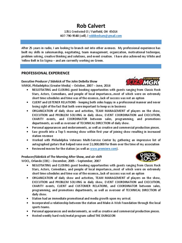 Rob Calvert CV | PDF | Sales | Radio Industry