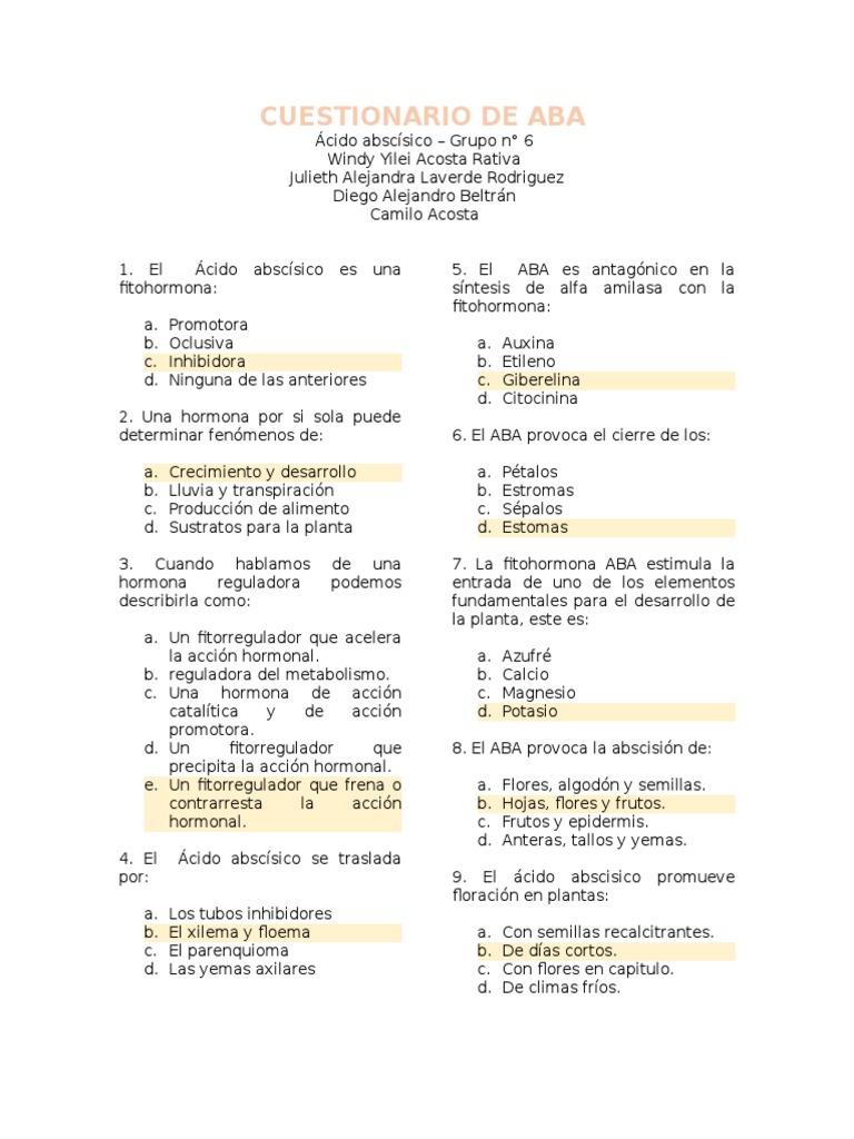 Cuestionario de Aba | PDF | Hormona Vegetal | Auxina