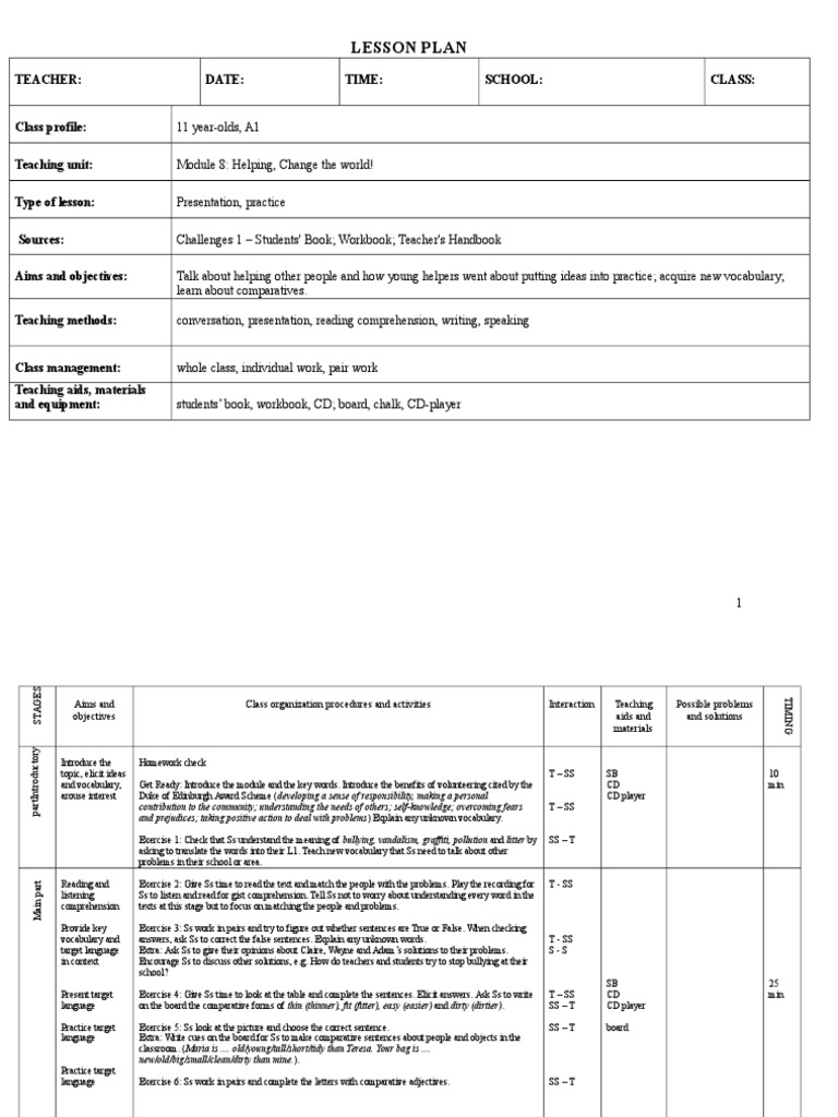 A1 Lesson Plan: Helping and Comparatives | PDF | Reading Comprehension ...