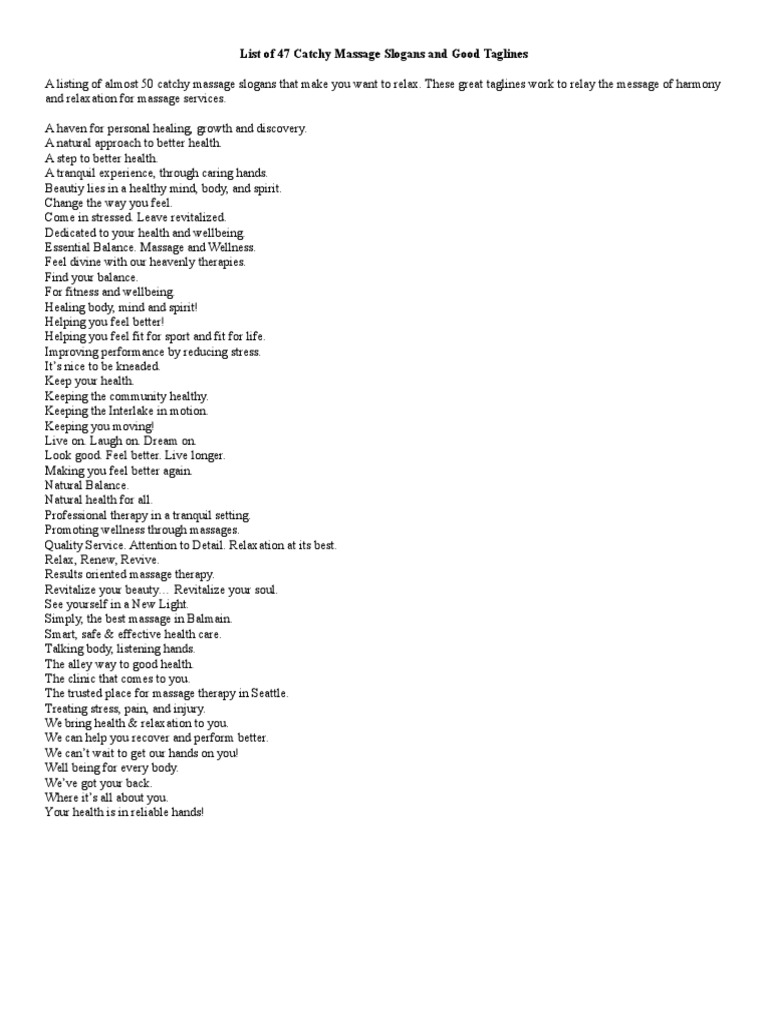 List of 47 Catchy Massage Slogans and Good Taglines | PDF | Massage ...