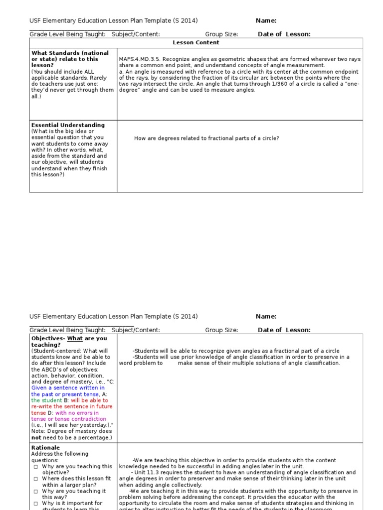 USF Elementary Education Lesson Plan Template (S 2014) - Grade Level ...