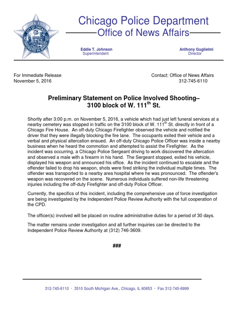 CPD Preliminary Statement on police Involved Shooting