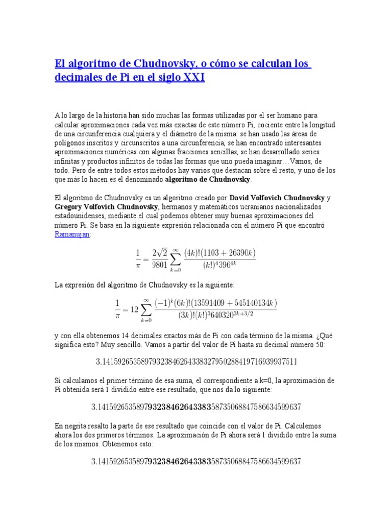 El Algoritmo de Chudnovsky | PDF | Pi | Conceptos matemáticos