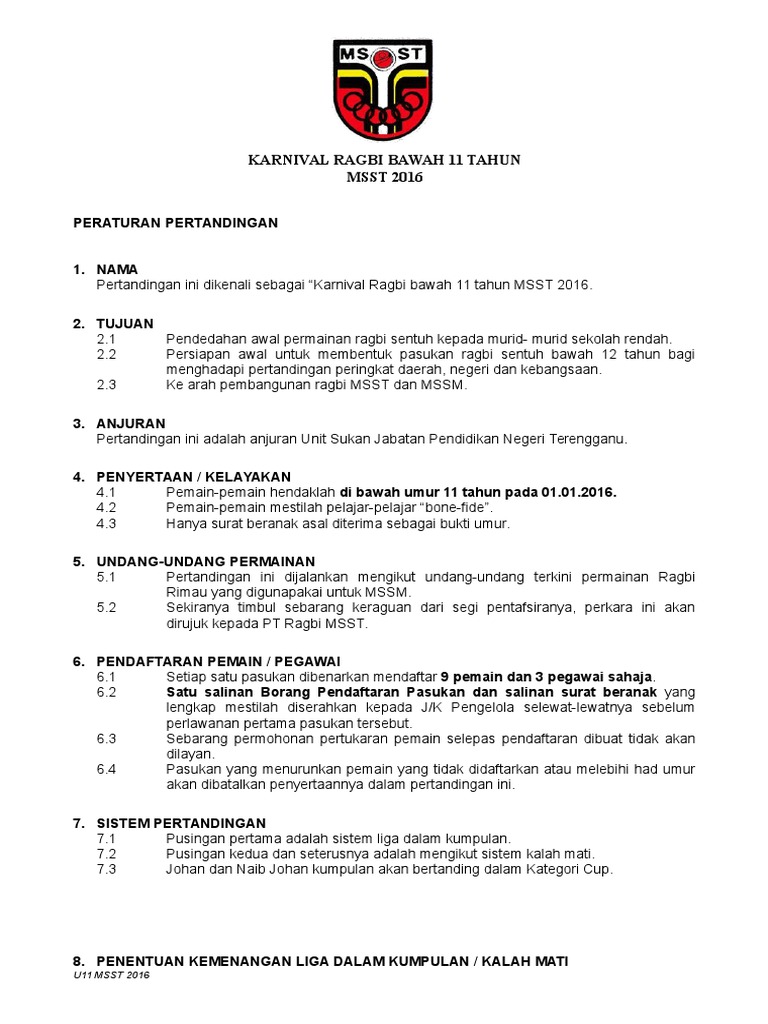 Syarat Dan Peraturan Pertandingan Ragbi U11 2016 | PDF