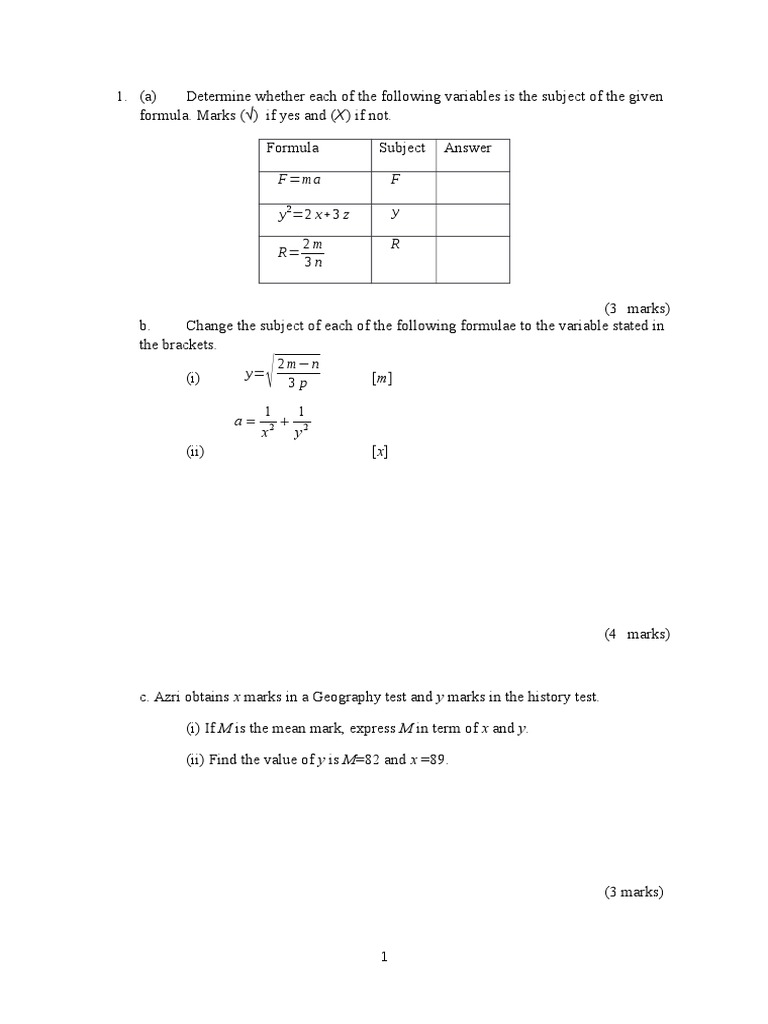 Algebraic Formula Form3 | PDF