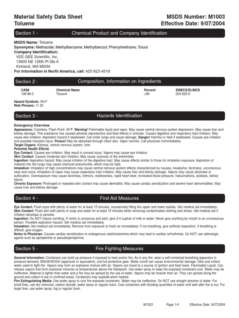 Material Safety Data Sheet Toluene MSDS Number: M1003 Effective Date: 9 ...