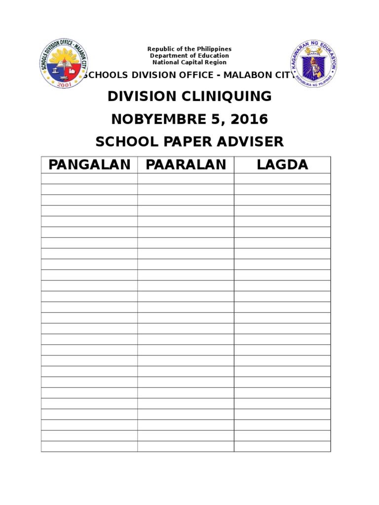 Division Cliniquing NOBYEMBRE 5, 2016 School Paper Adviser Pangalan ...