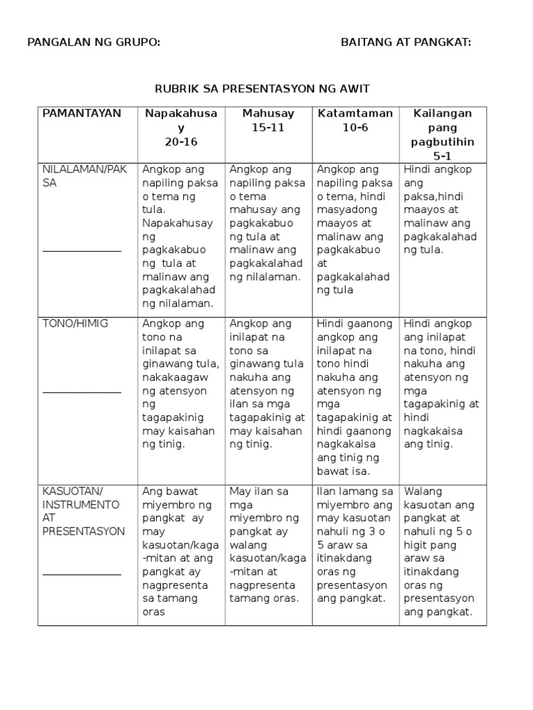 Rubriks Sa Pagkanta | PDF