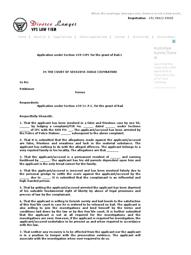 LEGAL DRAFTS BAIL Application Under Section 439of Cr PC for the Grant ...