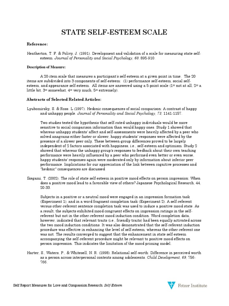 State Self-Esteem Measurement Scale | PDF | Mood (Psychology) | Mental ...
