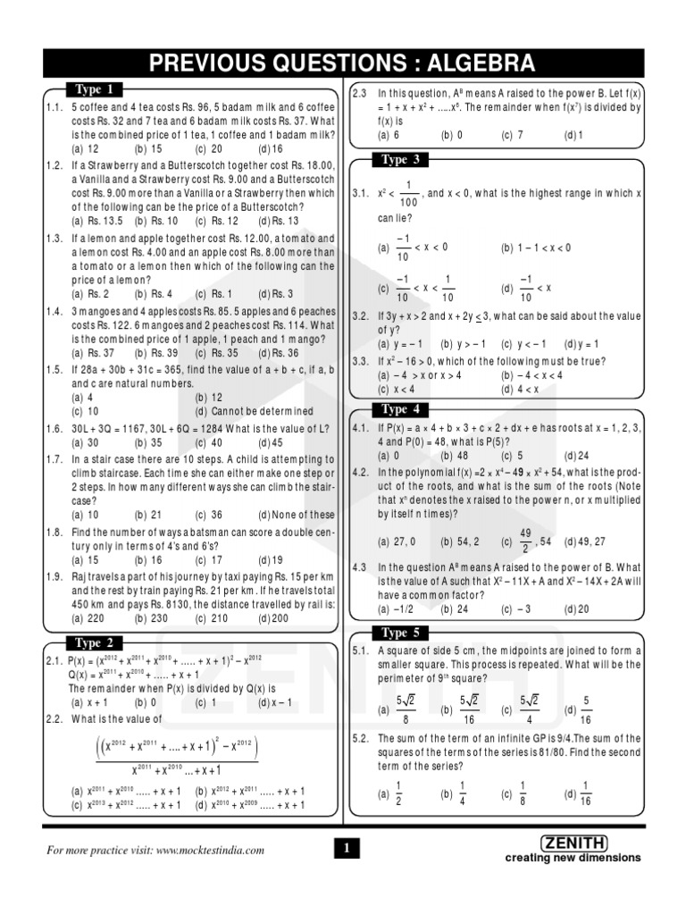 Previous Questions - Algebra | PDF | Summation | Factorization
