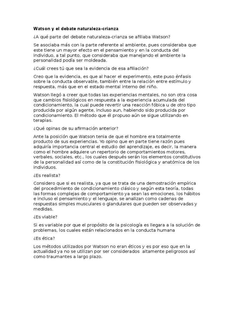 Watson y El Debate Naturaleza-Crianza | PDF | Ciencia y matemáticas