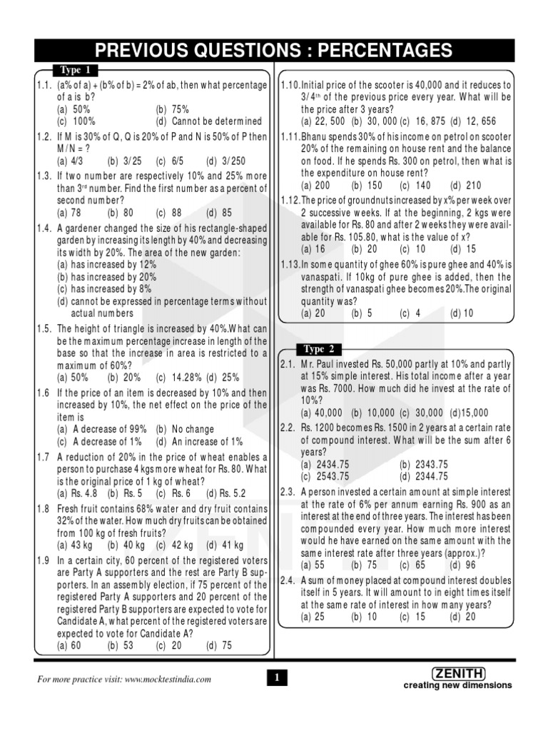 Percentages Practice Questions Guide | PDF | Percentage | Interest