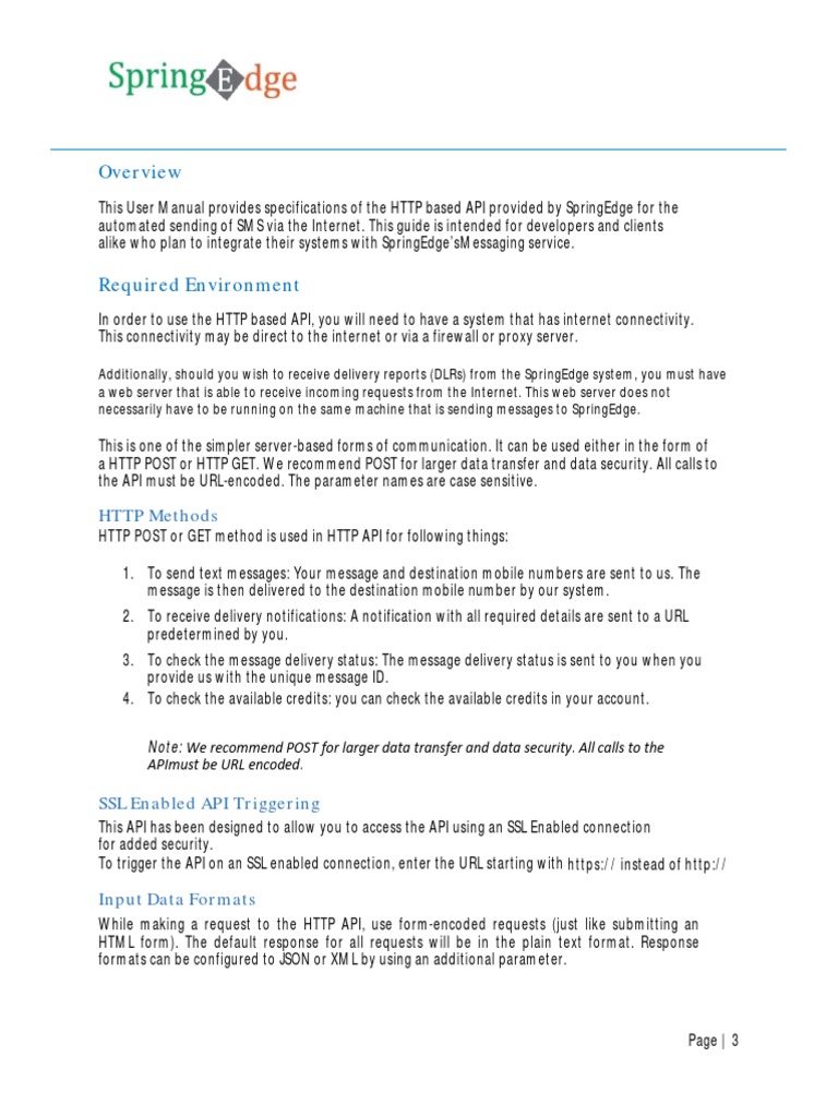 Spring Edge: HTTP API Documentation (Transactional SMS) | PDF | Short Message Service ...