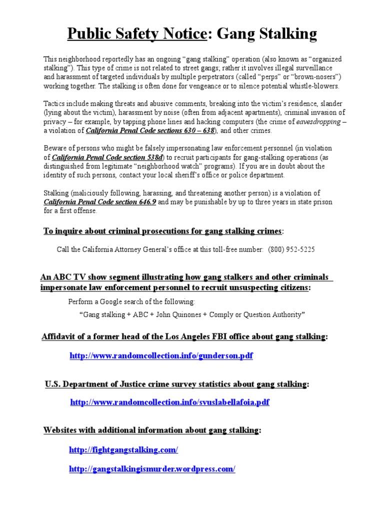 Public Safety Notice: Gang Stalking Risks | PDF | Social Science