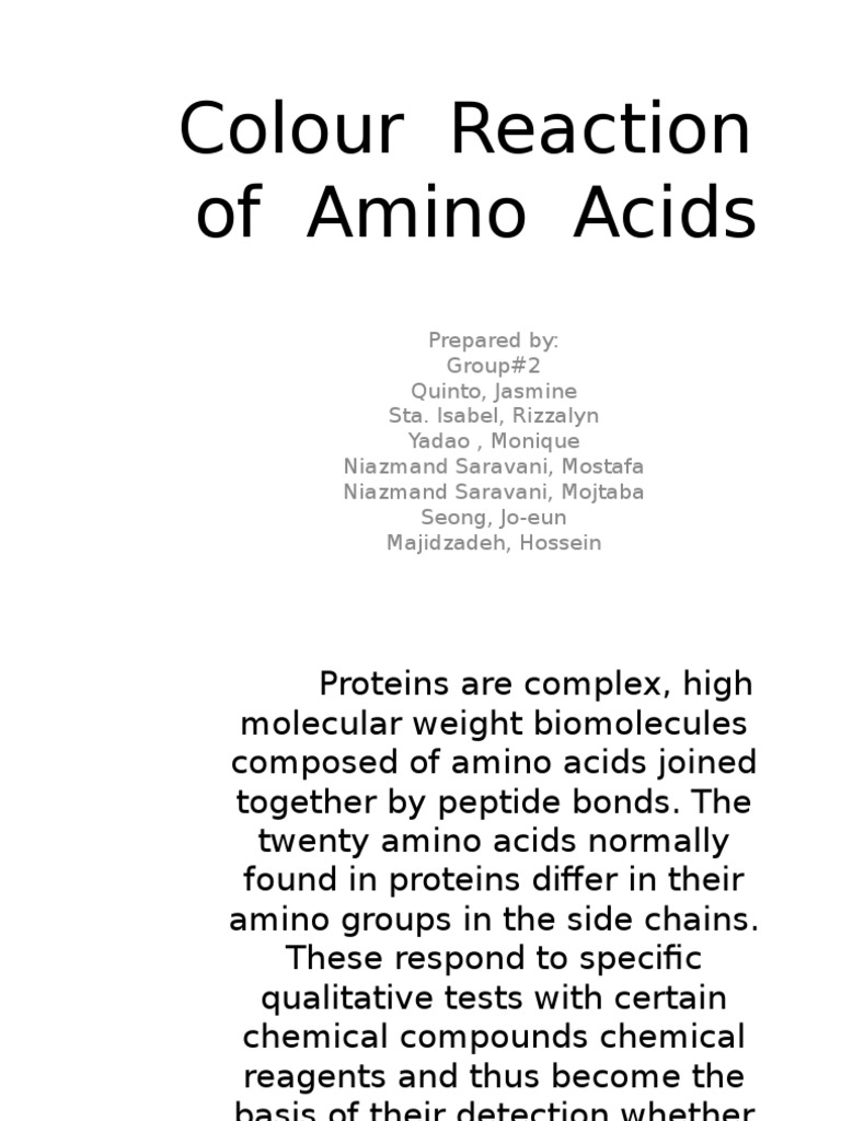 Colour Reactions of Amino Acids | PDF | Amine | Chemical Reactions