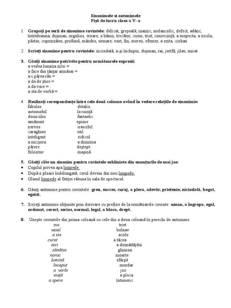 Sinonime. Antonime - Fisa de Lucru - Clasa A V-A | PDF