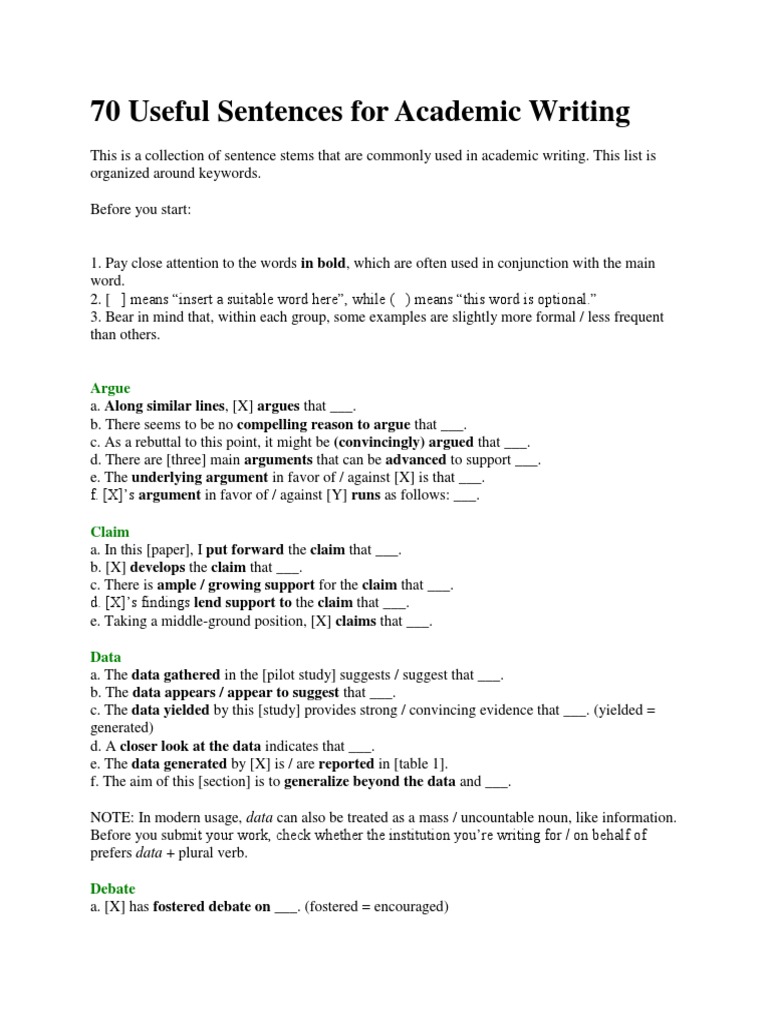 70 Useful Sentences For Academic Writing | PDF | Argument | Cognition