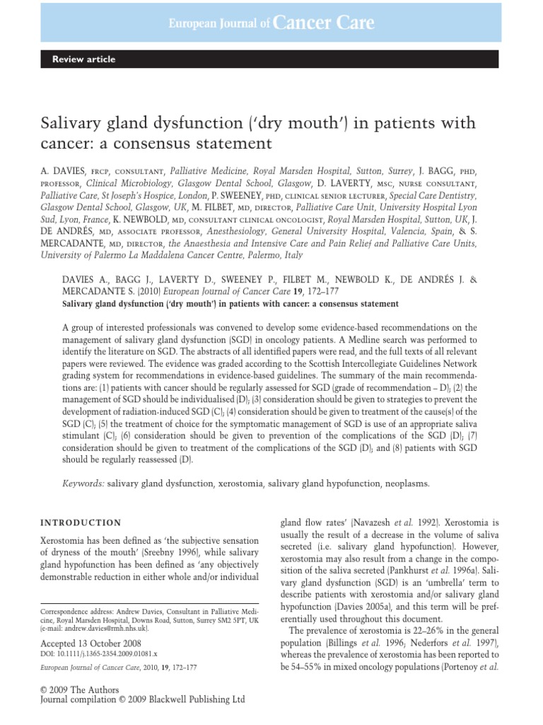 Salivary Gland Dysfunction ( Dry Mouth') in Patients With Cancer: A ...