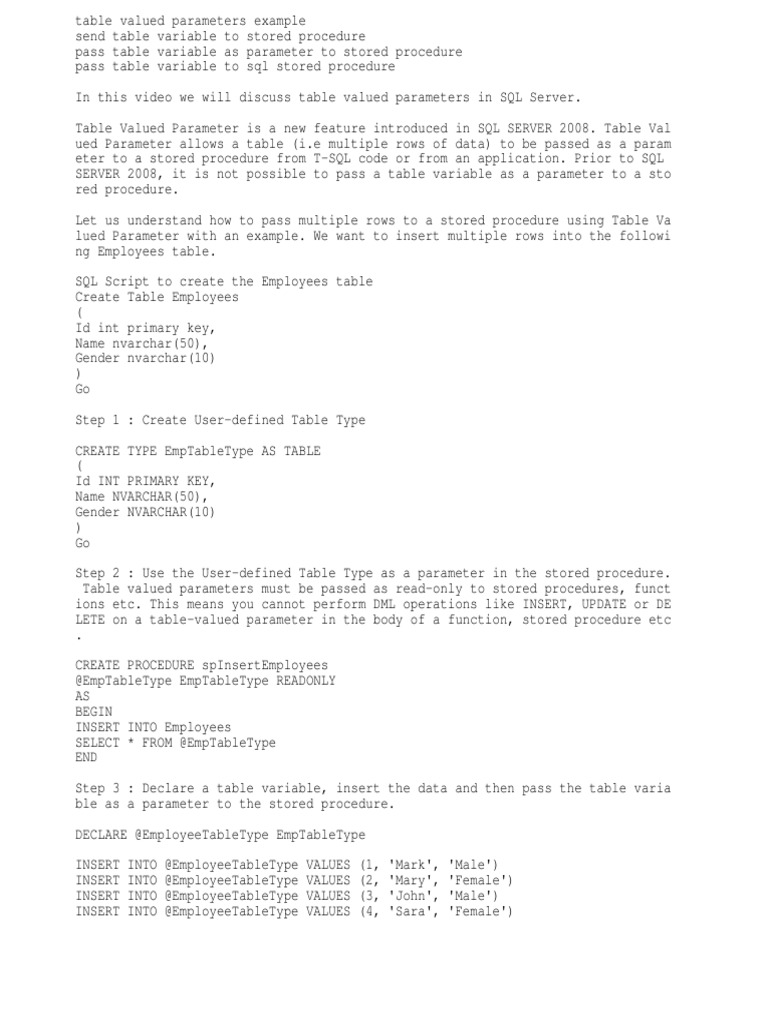 Passing Datatable To Stored Procedur | PDF | Parameter (Computer ...