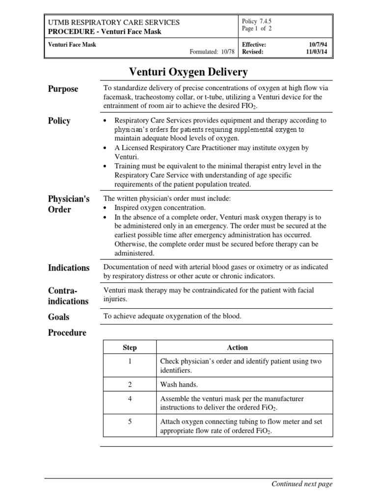 Venturi Mask Oxygen Administration Guide | PDF | Health Care ...