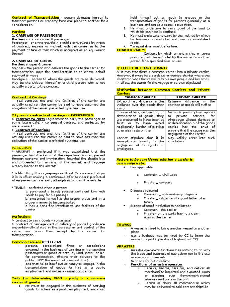 Understanding Contracts of Carriage | PDF | Damages | Common Carrier