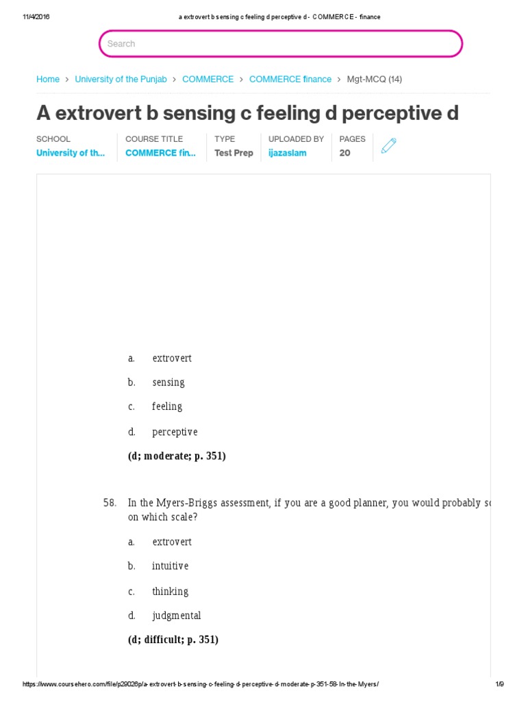 A Extrovert B Sensing C Feeling D Perceptive D: MGT-MCQ | PDF | Self Esteem | Extraversion And ...