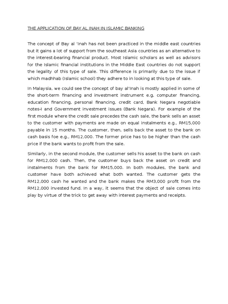 The Application of Bay Al 'Inah in Islamic Banking: An Analysis of its ...