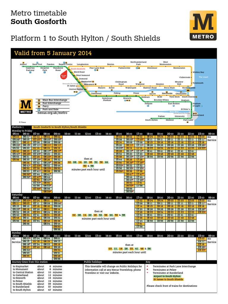 Metro timetable from South Gosforth to South Shields and Sunderland ...