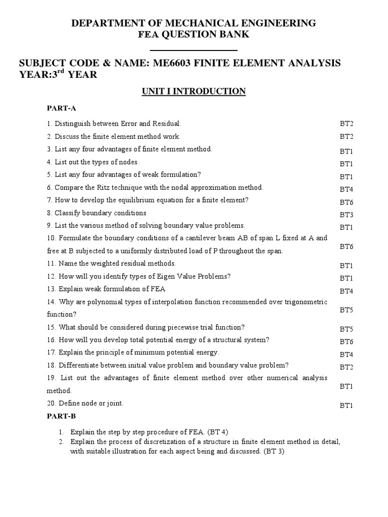 FEA Question Bank Mechanical Engineering | PDF | Finite Element Method ...