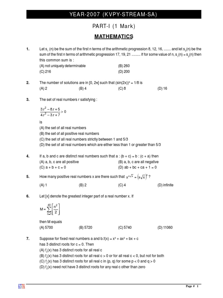 KVPY SA Stream Paper 2007 | PDF