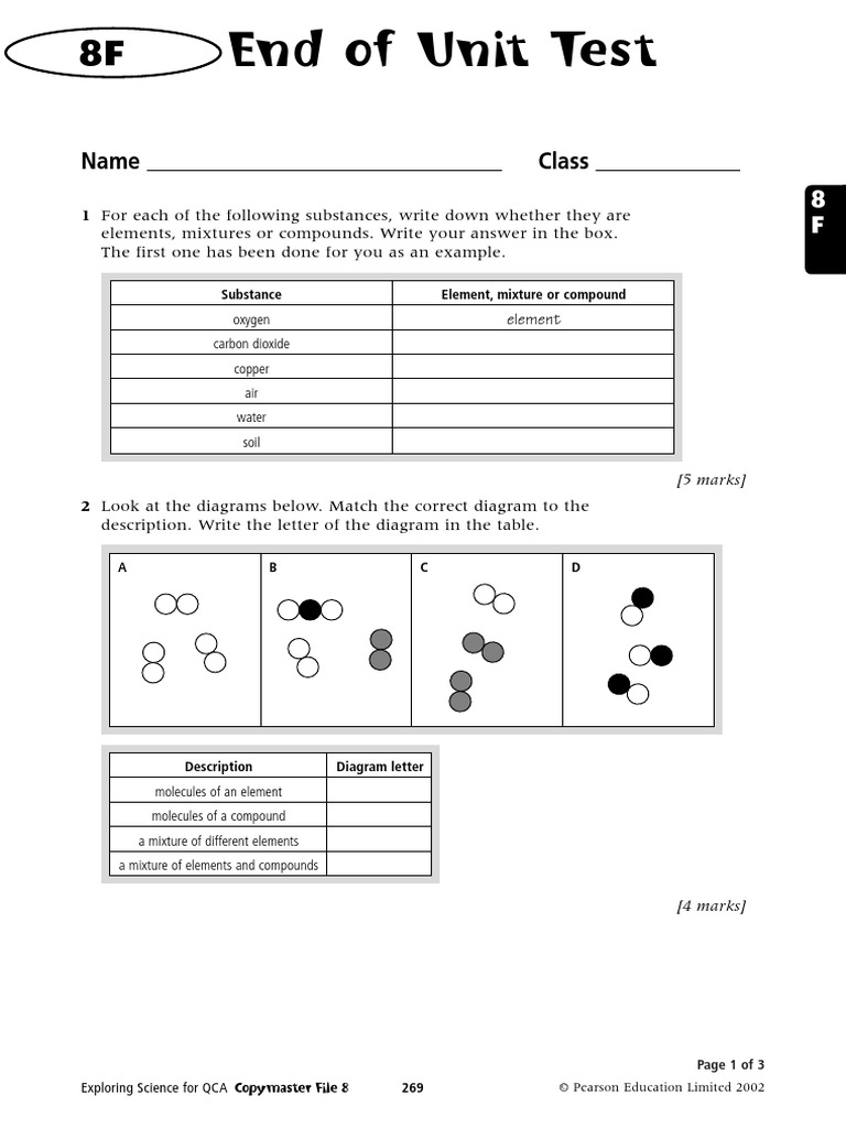 Elements Mixtures and Compounds Test | Chemical Compounds | Chemical ...
