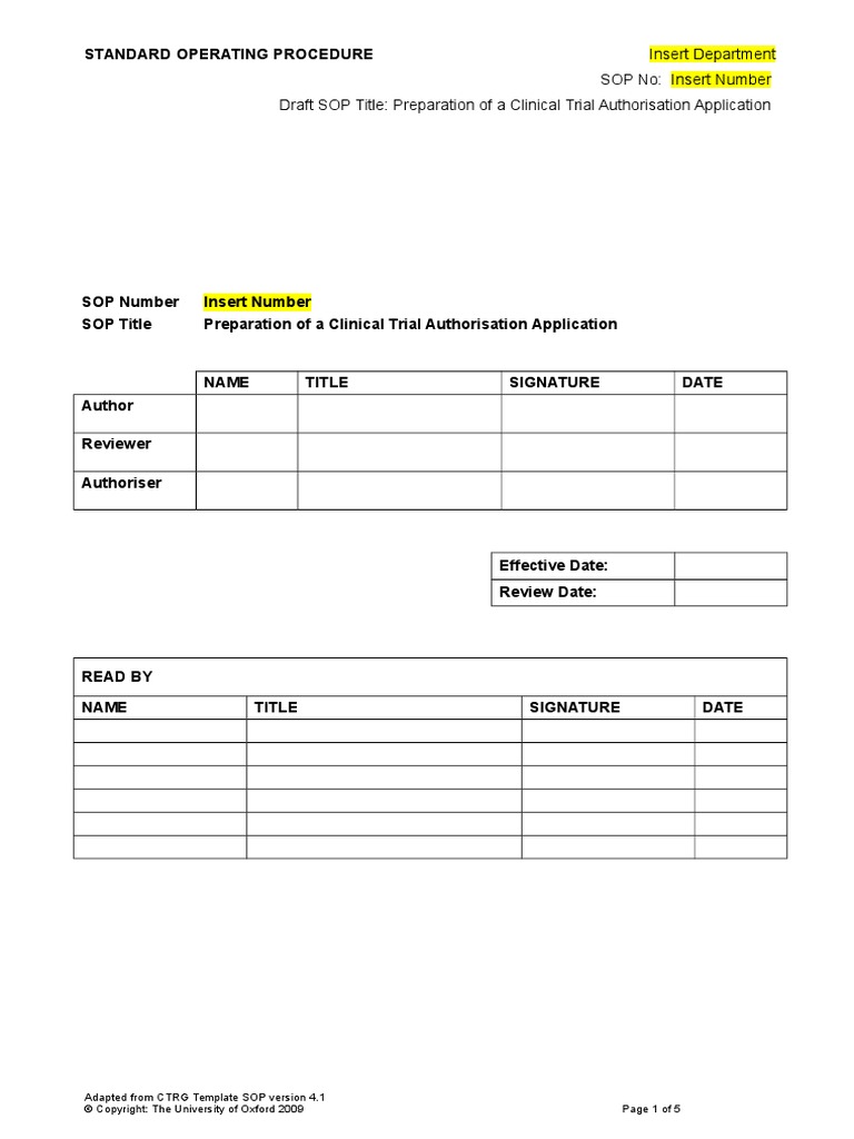SOP Template for Preparation of a Clinical Trial Authorisation V4 1 ...