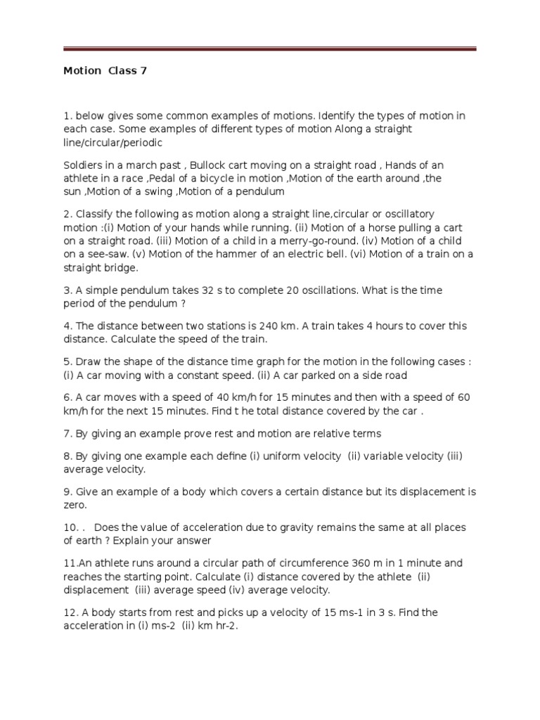 Motion Question Paper Class 7 | PDF
