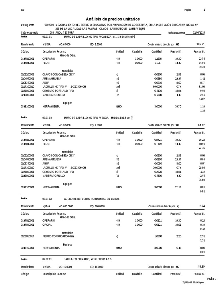 Analisis de Costo Unitario de Arquitectura | PDF | Herramientas ... Analisis de Costo Unitario de Arquitectura | PDF | Herramientas ...