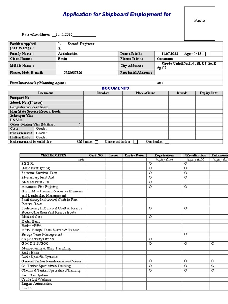 Shipboard Employment Application | PDF | Oil Tanker | Travel Visa
