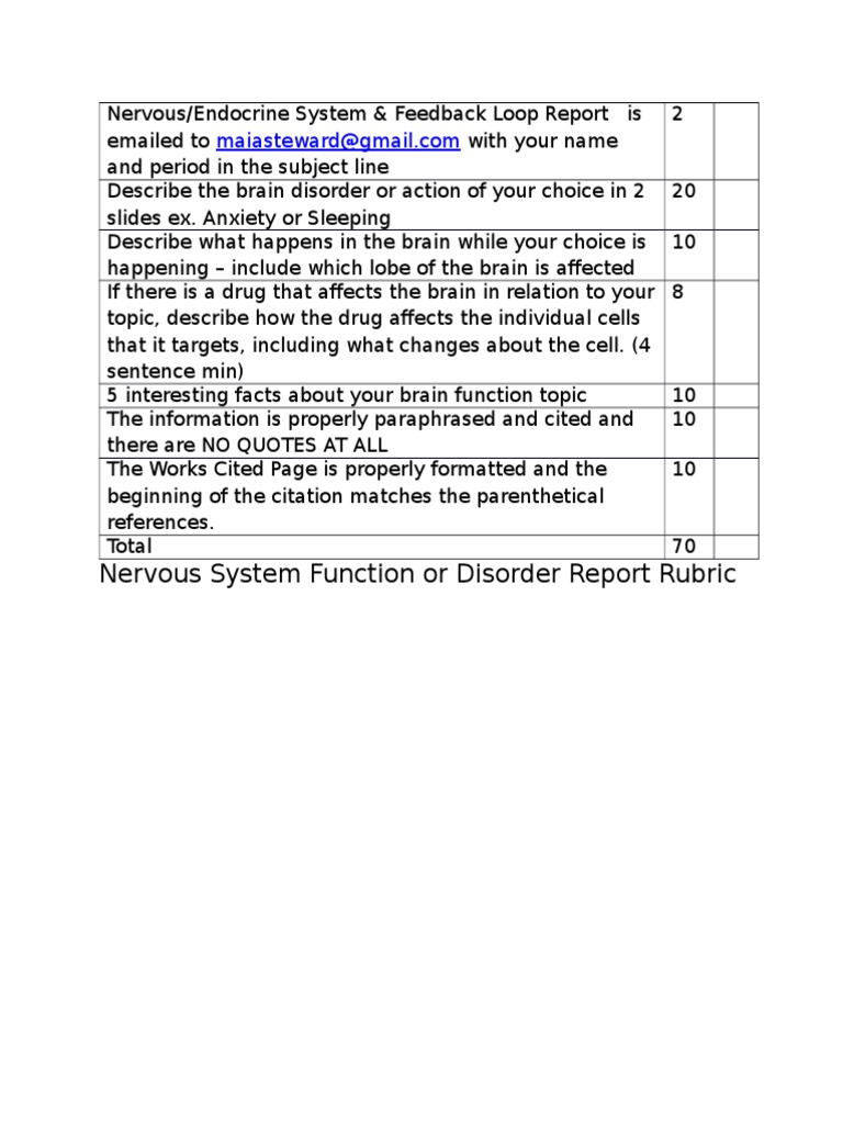 Nervous System Project Rubric | PDF