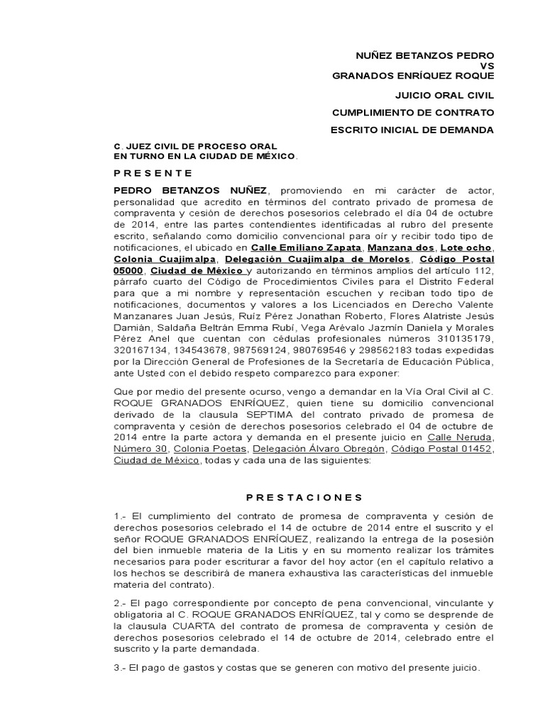 Escrito Inicial de demanda formato cumplimento de contrato via oral ...