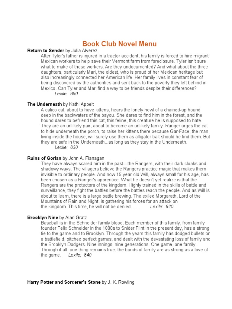 Book Club Novel Menu | PDF | To Kill A Mockingbird